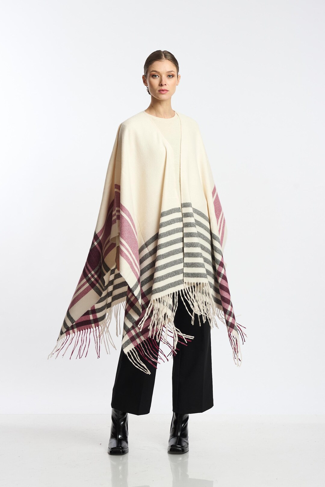 100% Baby Alpaca Cape, Multi-color Cape for Women, Fringe Ruana ...