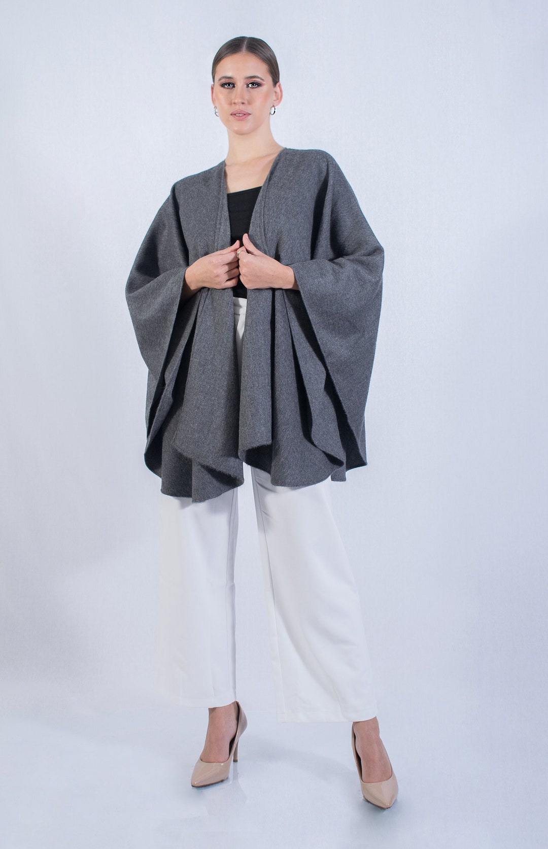 Classic Baby Alpaca Cape, Luxury Wrap for Women, Oversized Gray Cape ...