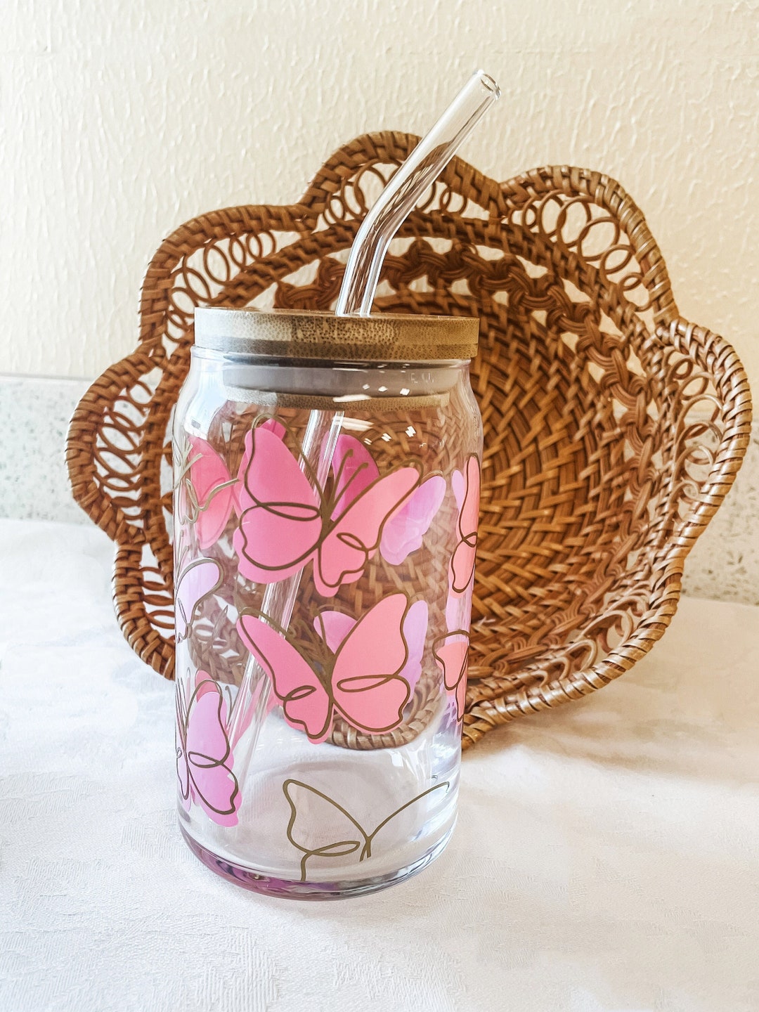 Pink Butterfly Can Glass | 16oz Butterfly Beer Can Glass | Aesthetic ...