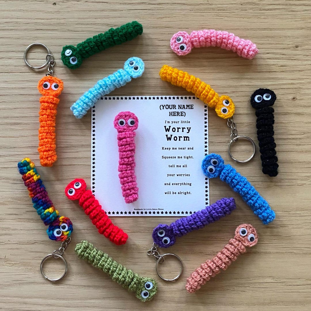 Worry Worm, Handmade Crochet Worm Keyring, Personalisation Option - Aid ...
