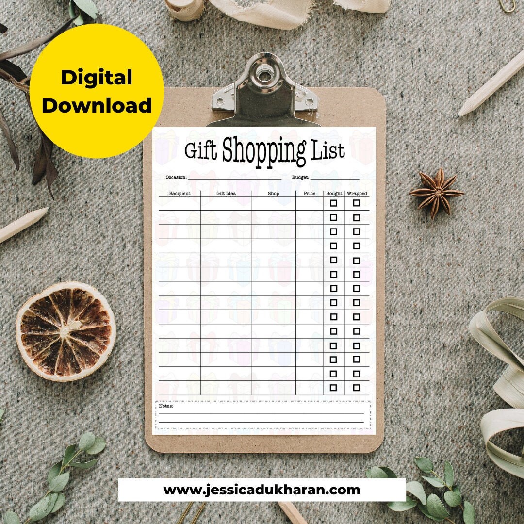 Gift Shopping List Printable | Instant Download | Holiday Shopping List ...