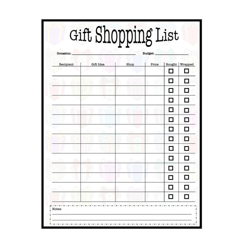 Gift Shopping List Printable | Instant Download | Holiday Shopping List ...