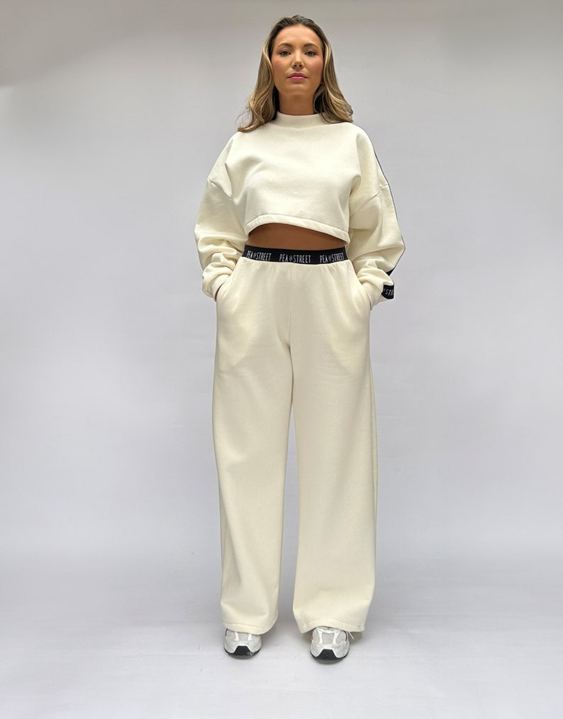 Cream High Waisted Straight Leg Joggers Loungewear Handmade With Pea ...