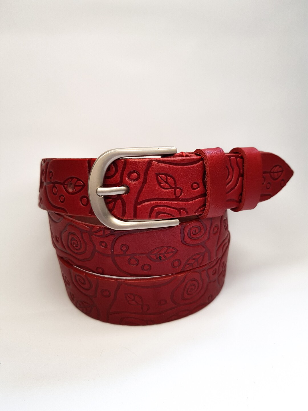 Handmade Red Cowhide Leather Belt, Floral Embossed, Gift Box - Etsy