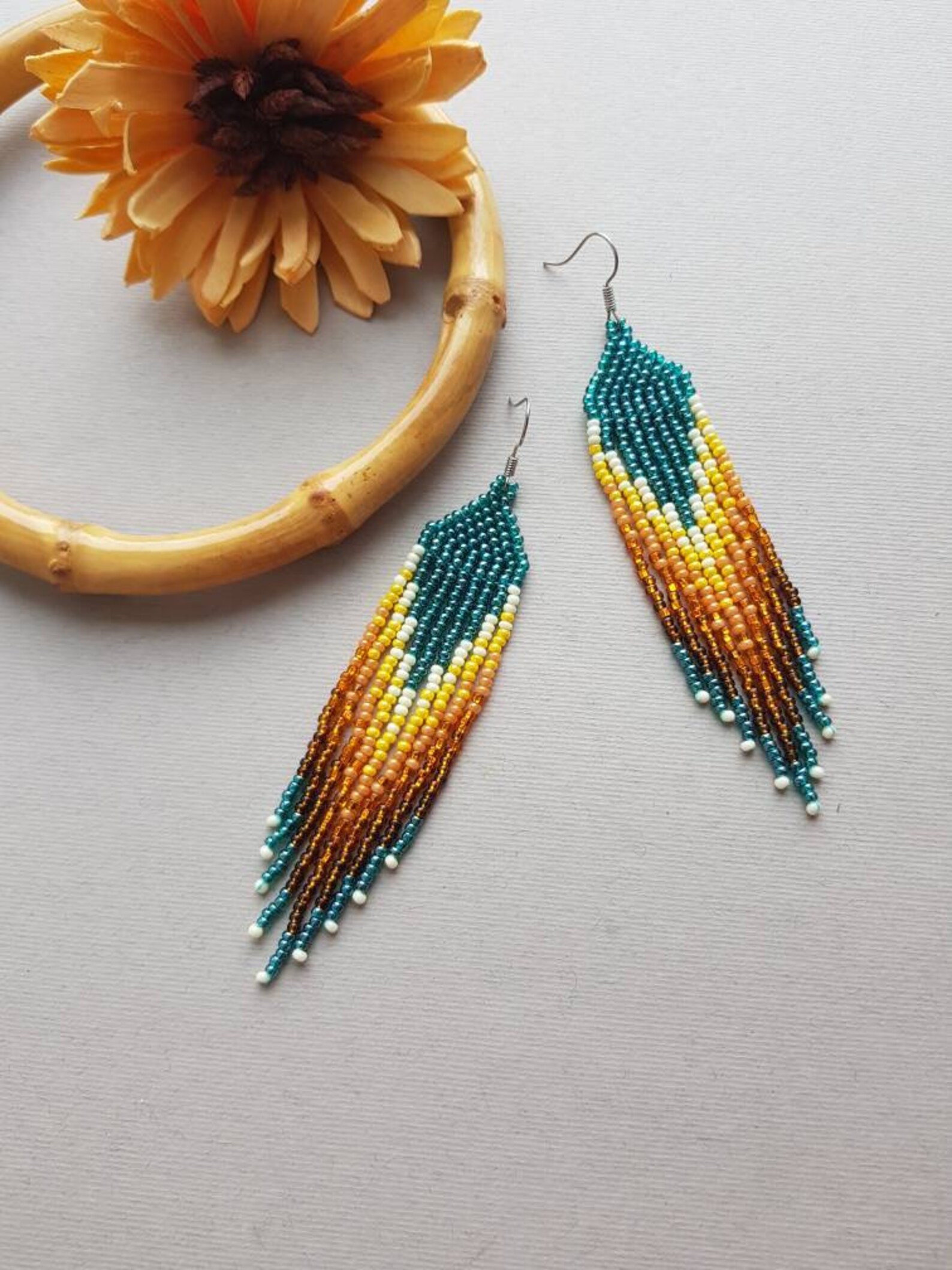Turquoise Beaded Earrings Bohemian Earrings Shiny Seed Bead - Etsy