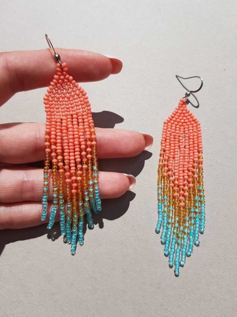 Coral blue beaded earrings Chandelier earrings Ombre earrings | Etsy