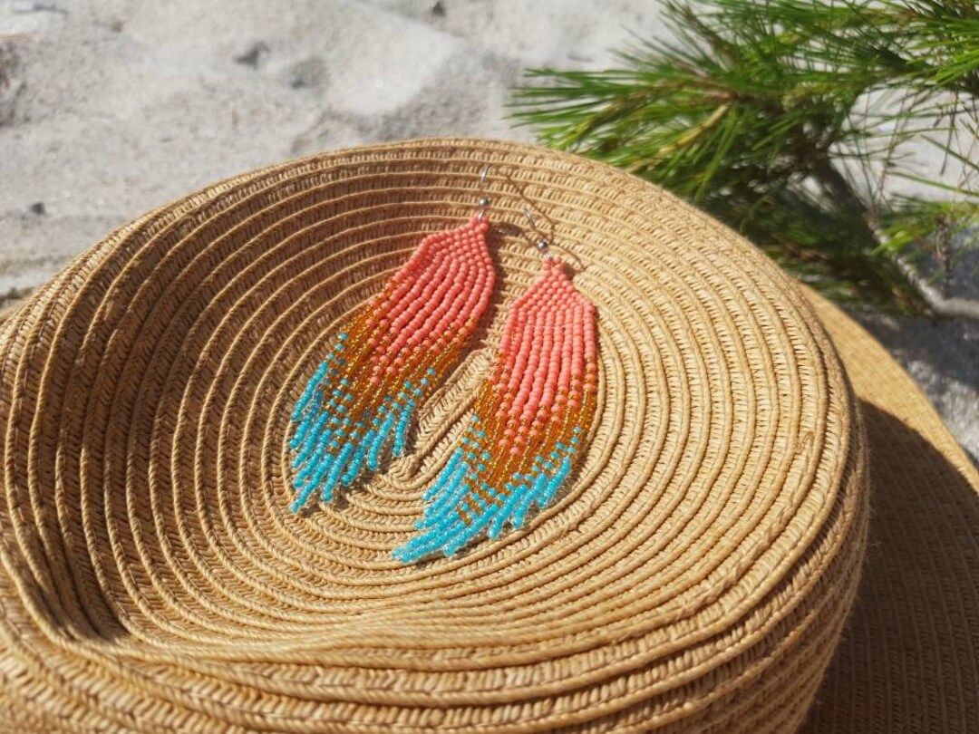 Coral Blue Beaded Earrings Chandelier Earrings Ombre Earrings Seed Bead ...