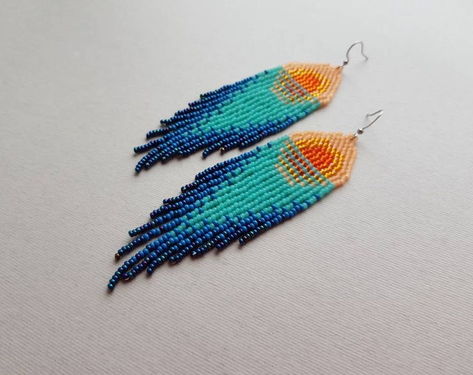Sunset Beaded Earrings Turquoise Bead Earrings Sea Beaded - Etsy