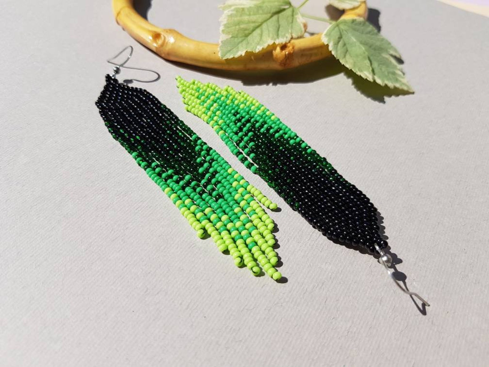 Green Beaded Earrings Gradient Long Earrings Seed Bead - Etsy