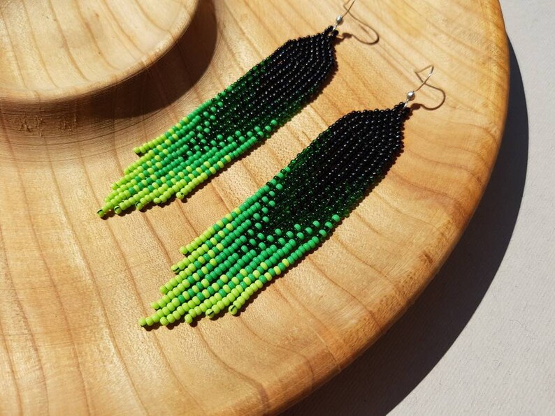 Green Beaded Earrings Gradient Long Earrings Seed Bead - Etsy