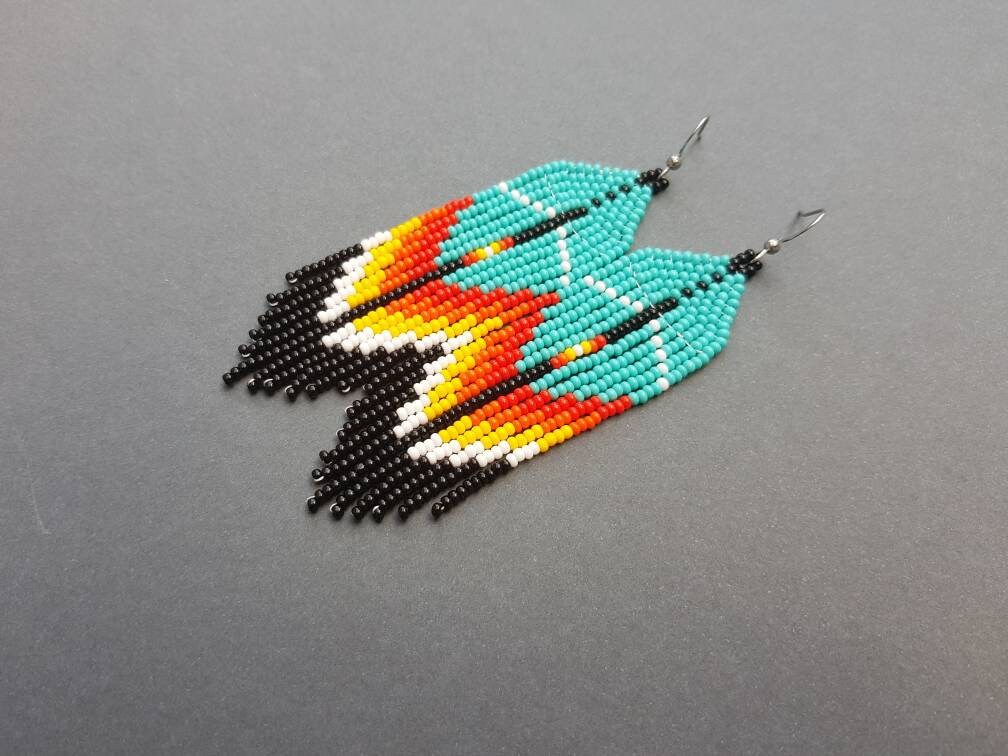 Beaded Feather American style earrings Seed bead earrings | Etsy