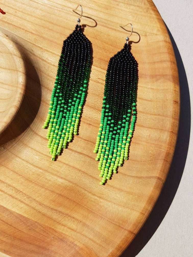 Green beaded earrings Gradient long earrings Seed bead | Etsy