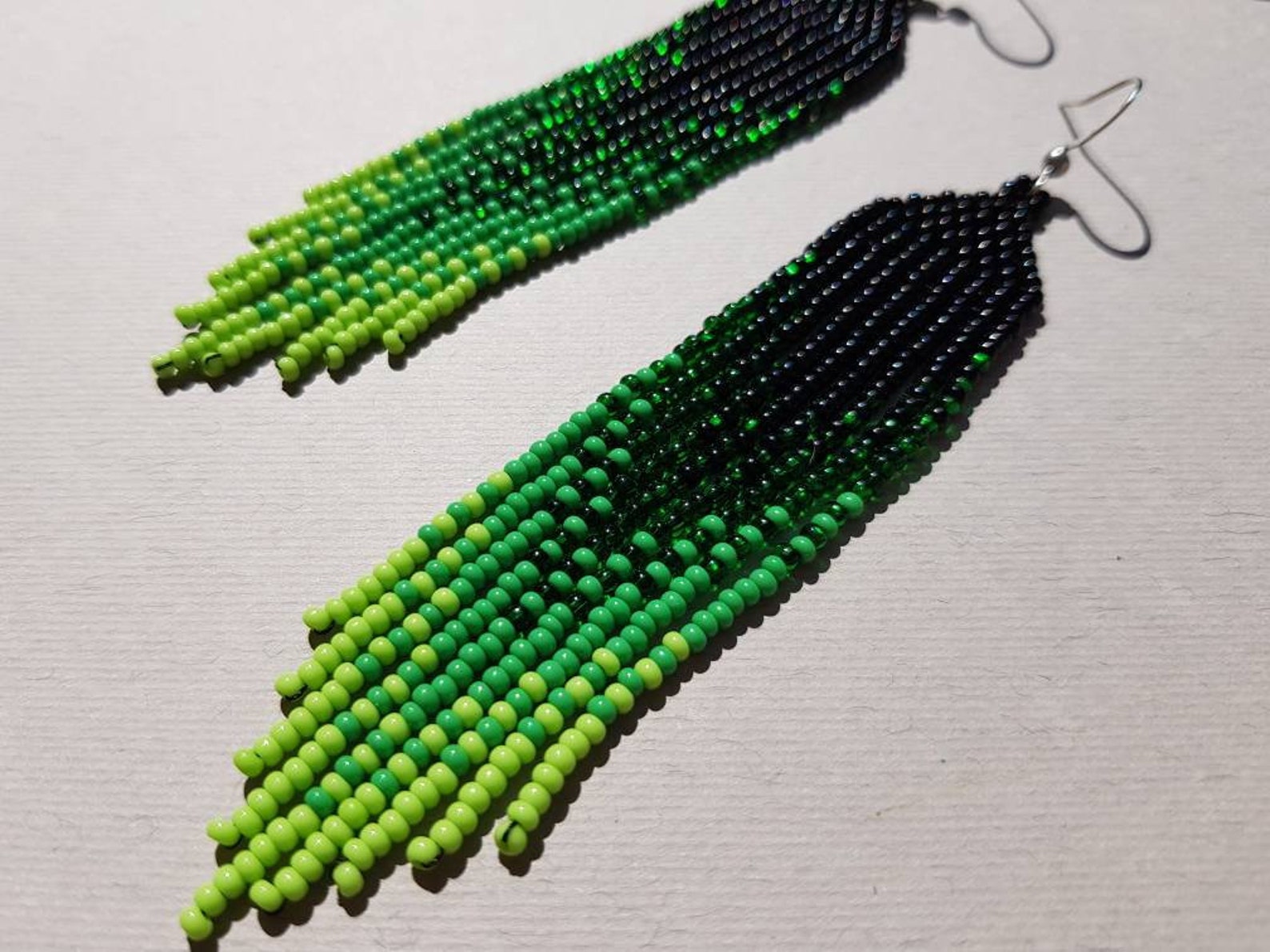 Green beaded earrings Gradient long earrings Seed bead | Etsy