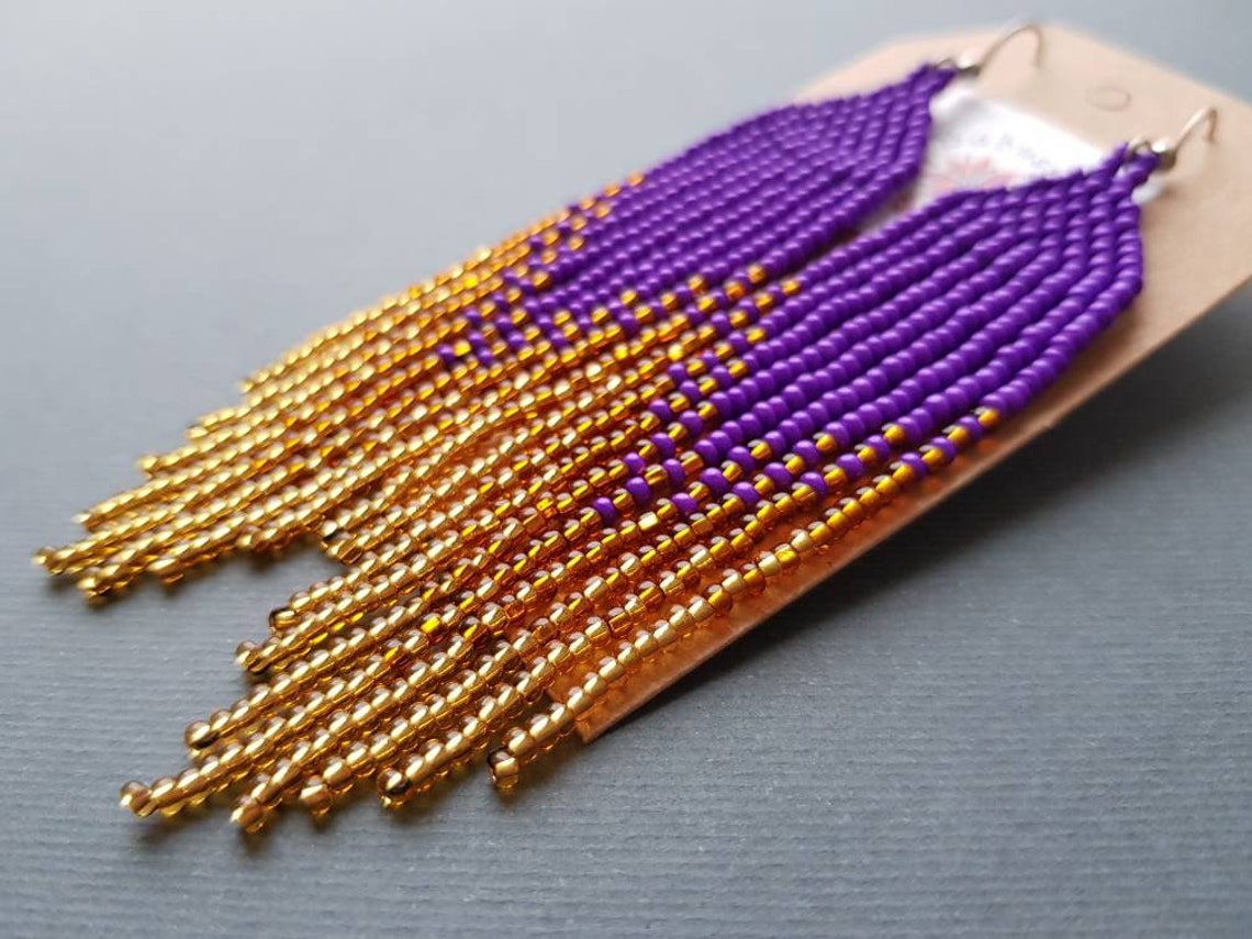 Purple gold ombre beaded earrings Bohemian seed bead earrings | Etsy
