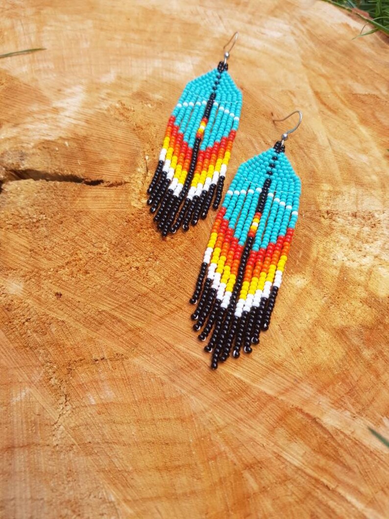 Beaded Feather American Style Earrings Seed Bead Earrings - Etsy