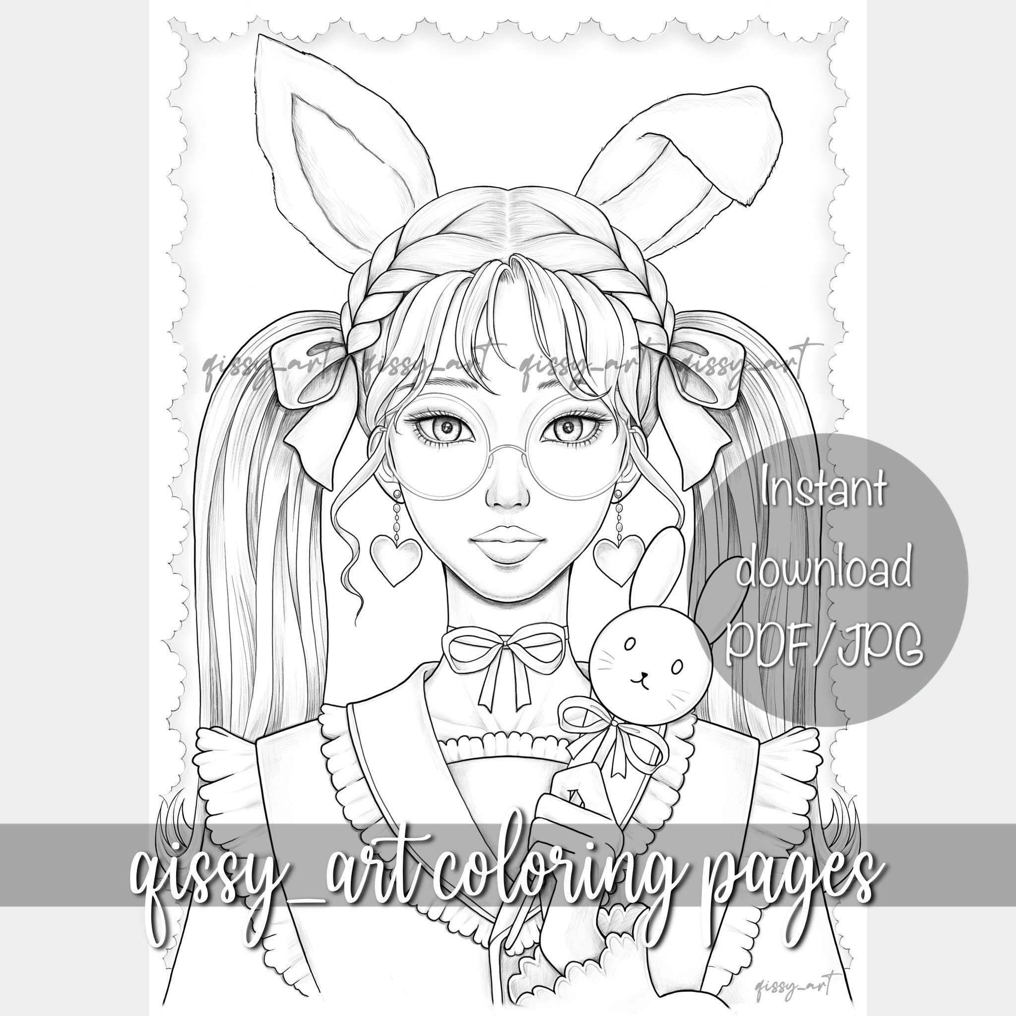 BUNNY GIRL Premium Greyscale Digital Coloring Page | Qissy_art - Etsy