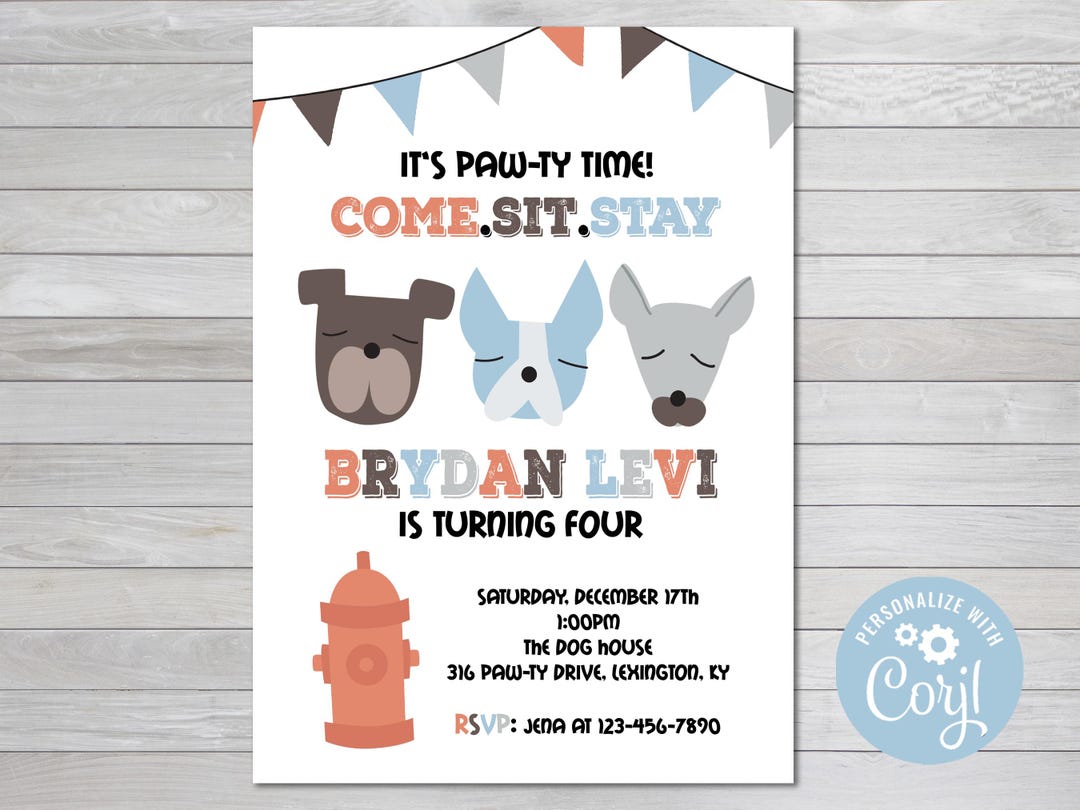 Editable, Come Sit Stay Birthday Party Invite, Come Sit Stay Dog ...