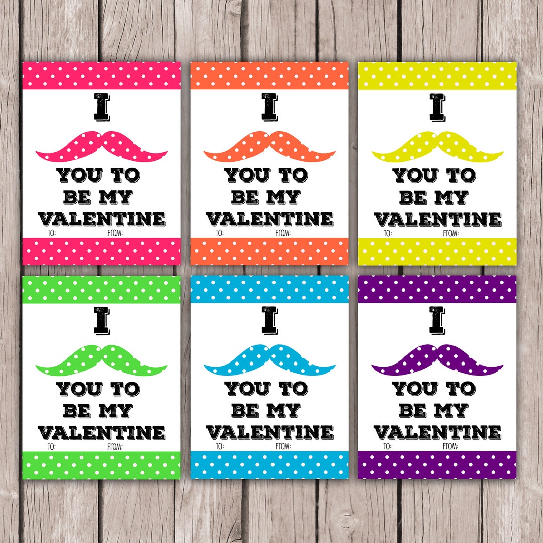 Mustache Valentine Cards, Printable Kids Valentine Cards, Retro ...