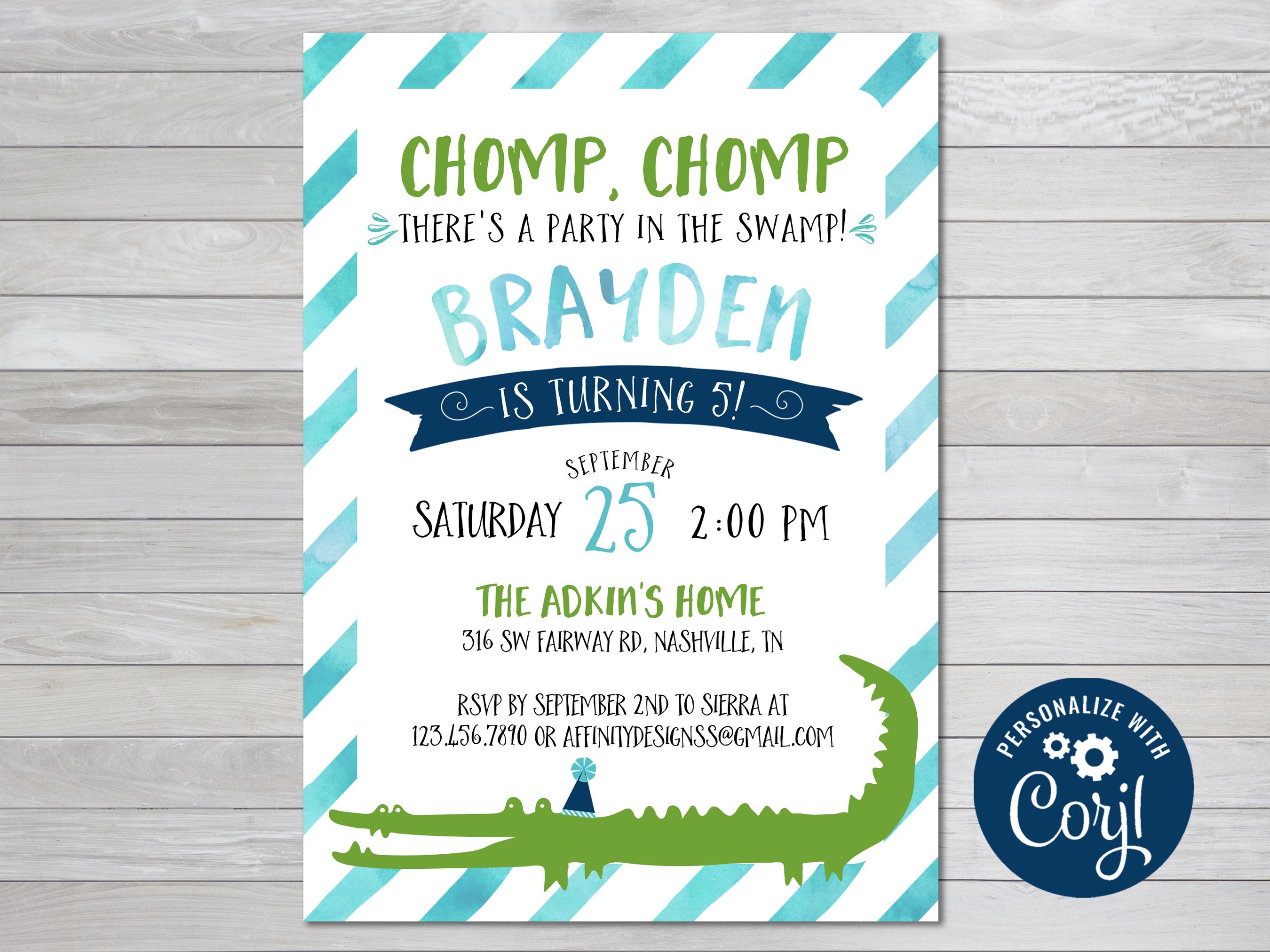 Chomp Chomp Party in the Swamp Birthday Invite Alligator Birthday ...