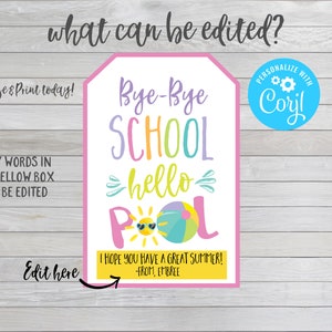 Bye Bye School Hello Pool Gift Tag - Teacher Towel Gift Tag - End Year ...