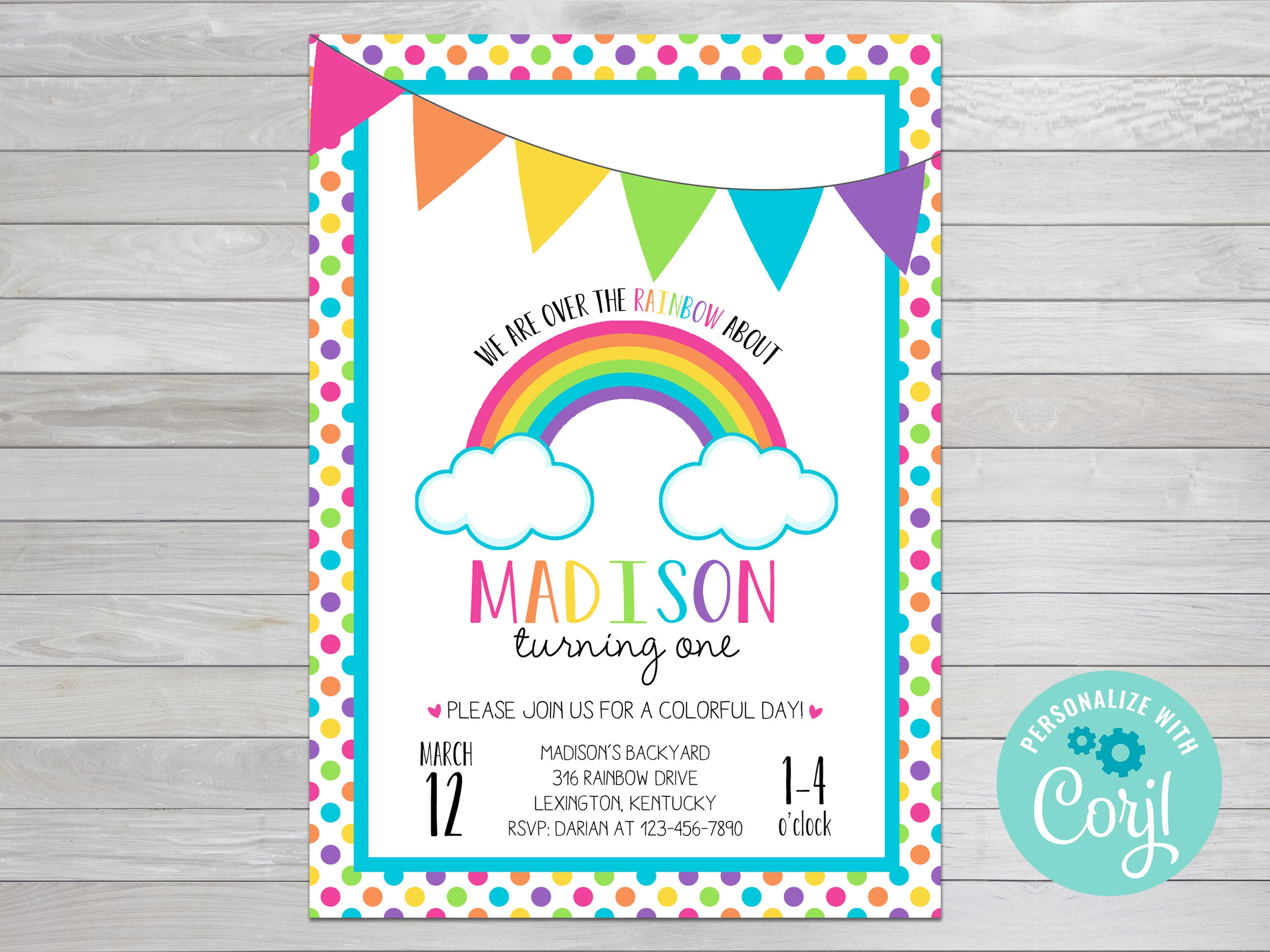 Rainbow Birthday Invite Editable Rainbow Birthday Invite We're Over the ...