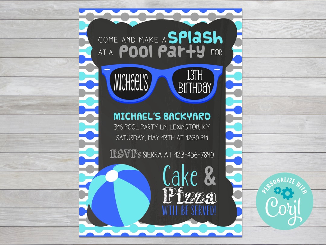 Editable Chalkboard Pool Party Invitation Pool Party Birthday Invite ...