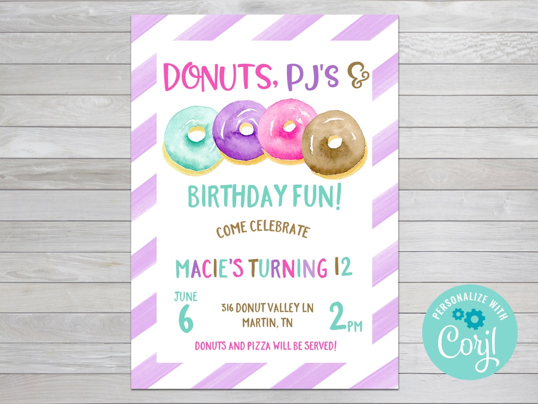Editable Donut Birthday Invitation - Sleep Over Birthday Invite - Kids ...