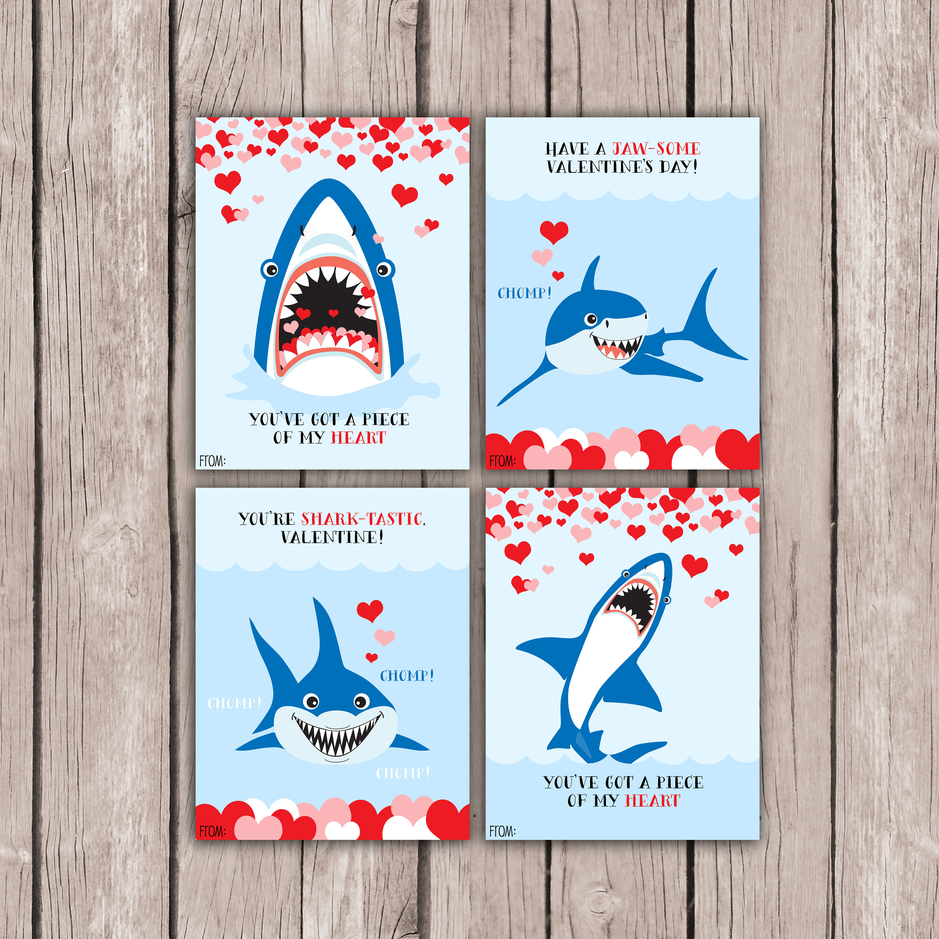 Shark Valentine Cards, Printable Kids Valentine Cards, Girl Boy ...