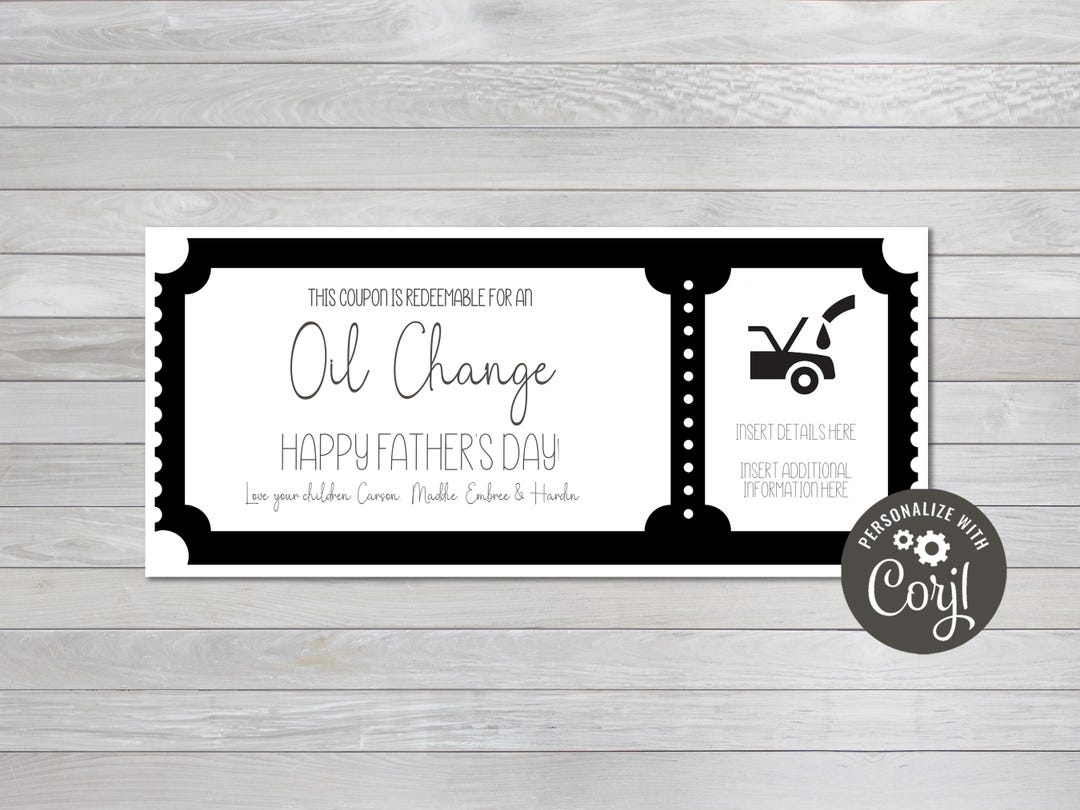 Editable Father's Day Oil Change Coupon Template, Custom Car Oil Change ...