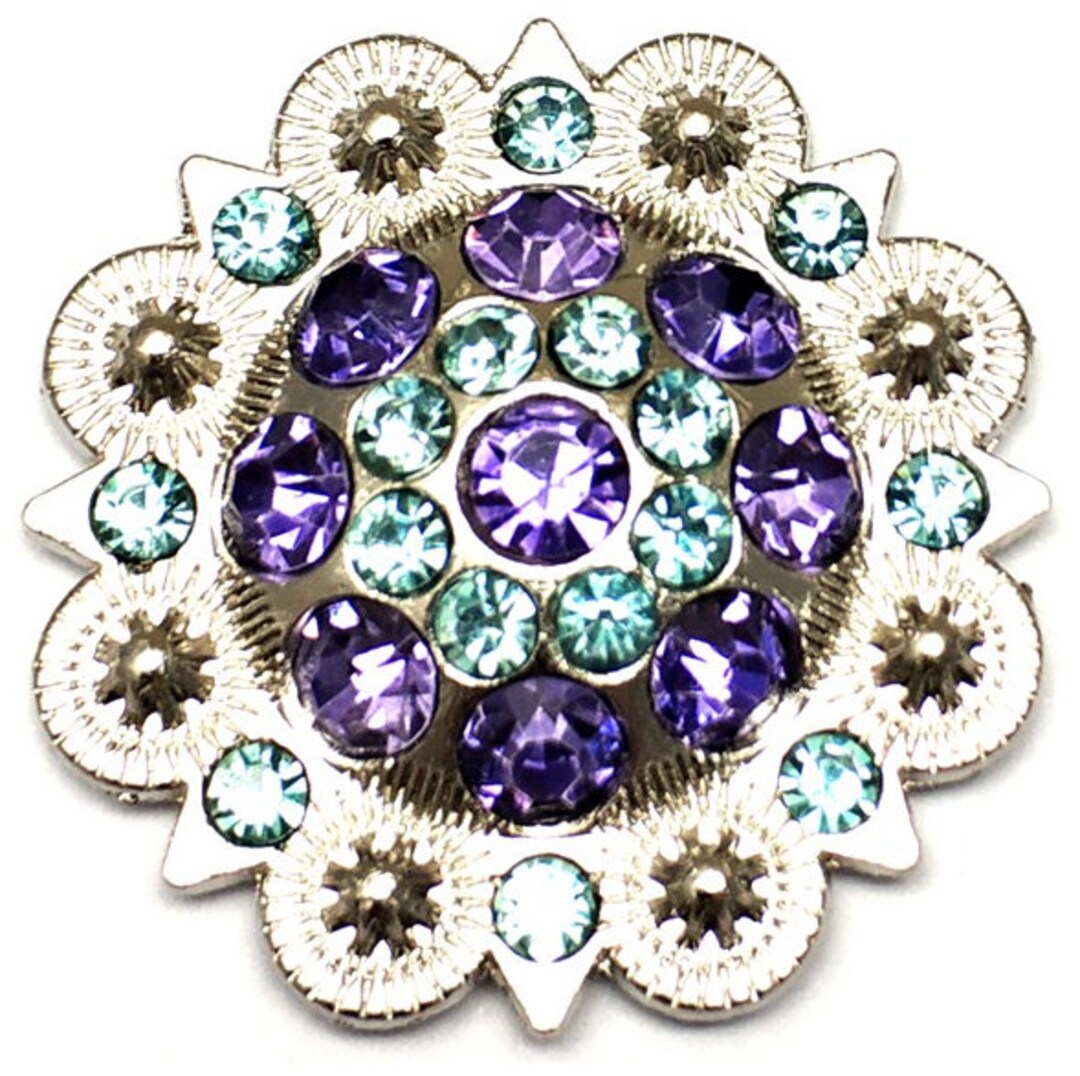 1 1/2 Flower Concho W/purple and Light Aqua Blue Rhinestones. Screw ...