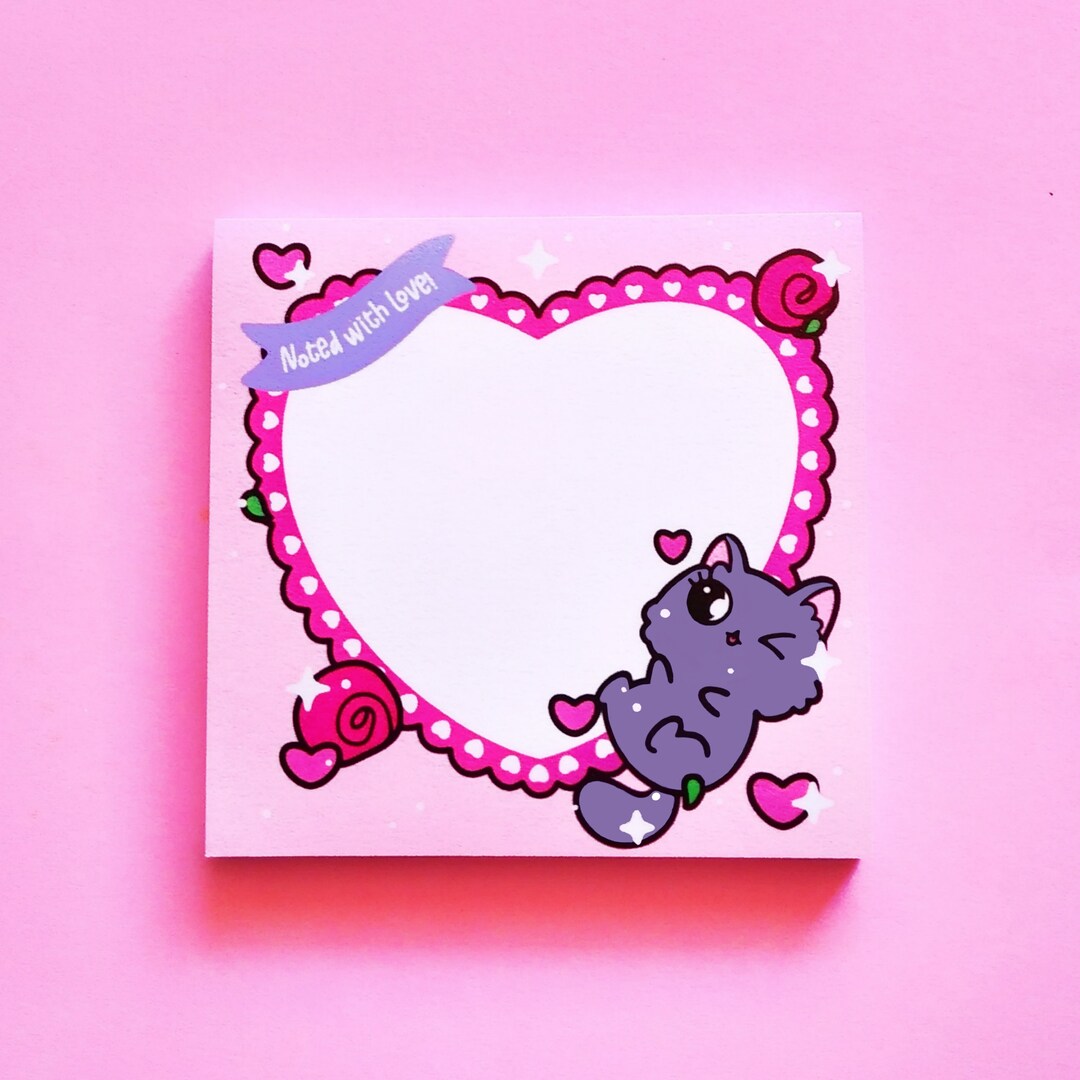 Kawaii Pink Hearts & Roses Kitty Memo not Sticky Note Handmade ...