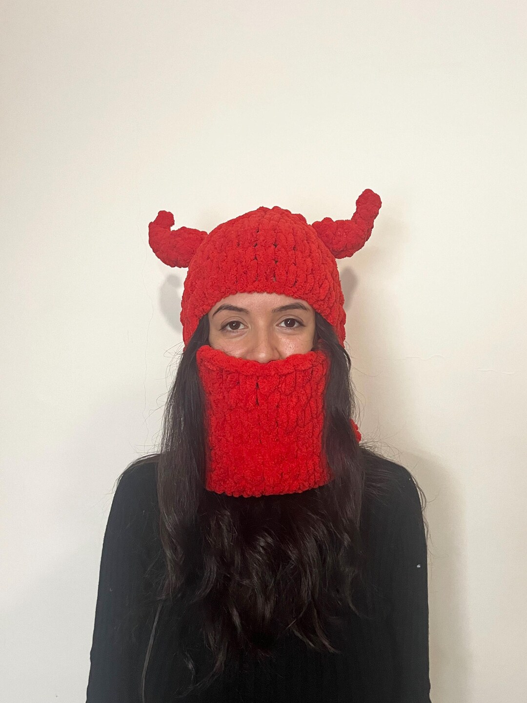 Knit Red Devil Horns Balaclava: Funny Winter Ski Mask, Halloween ...
