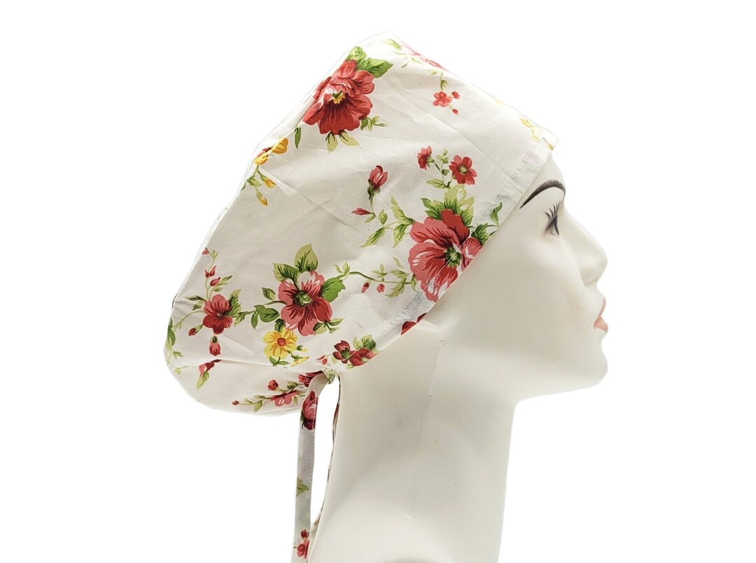 Red Floral Scrub Hat: Cotton Nurse Cap With Buttons, Chemo Hat - Etsy