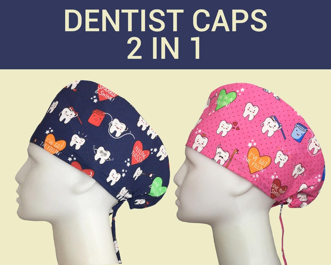Dentist Scrub Hat With Buttons: Feeling Flossy & Tooth Pattern - 2pcs ...