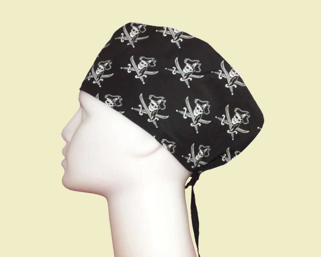 Black Pirate Skull Scrub Hat Unisex Scrub Hats, Black Surgical Cap ...