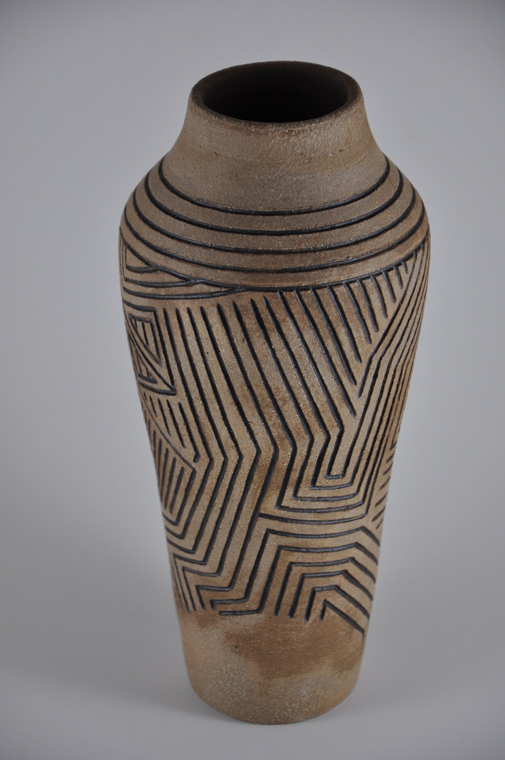 Unglazed Carved Stoneware Vase, Carved Ceramic Primitive Pottery Vessel ...
