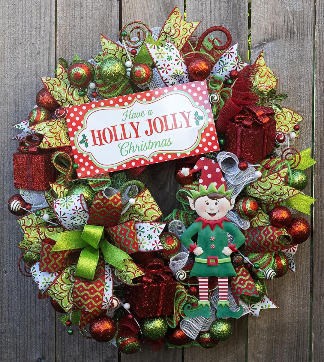 Christmas Wreath, Elf Wreath, Holiday Wreath, Holly Jolly Wreath, Red ...