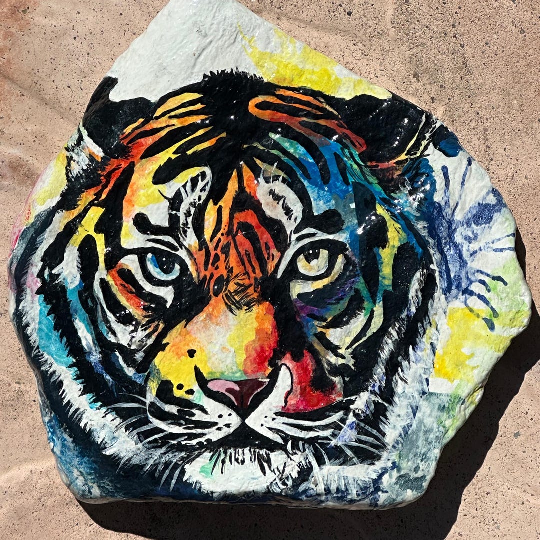 Hand-painted Tiger Rock: Watercolor Garden Decor Gift, Unique Porch ...