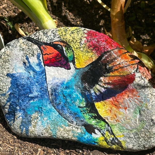 Hummingbird Rock, Hummingbird Decor, Rainbow Watercolor Decor ...