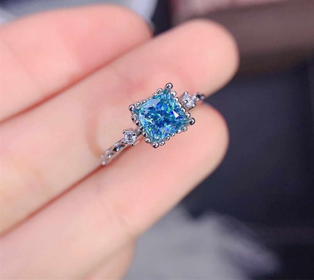 Blue Moissanite Ring 1 Ct Moisanite Ringblue Moissanite - Etsy