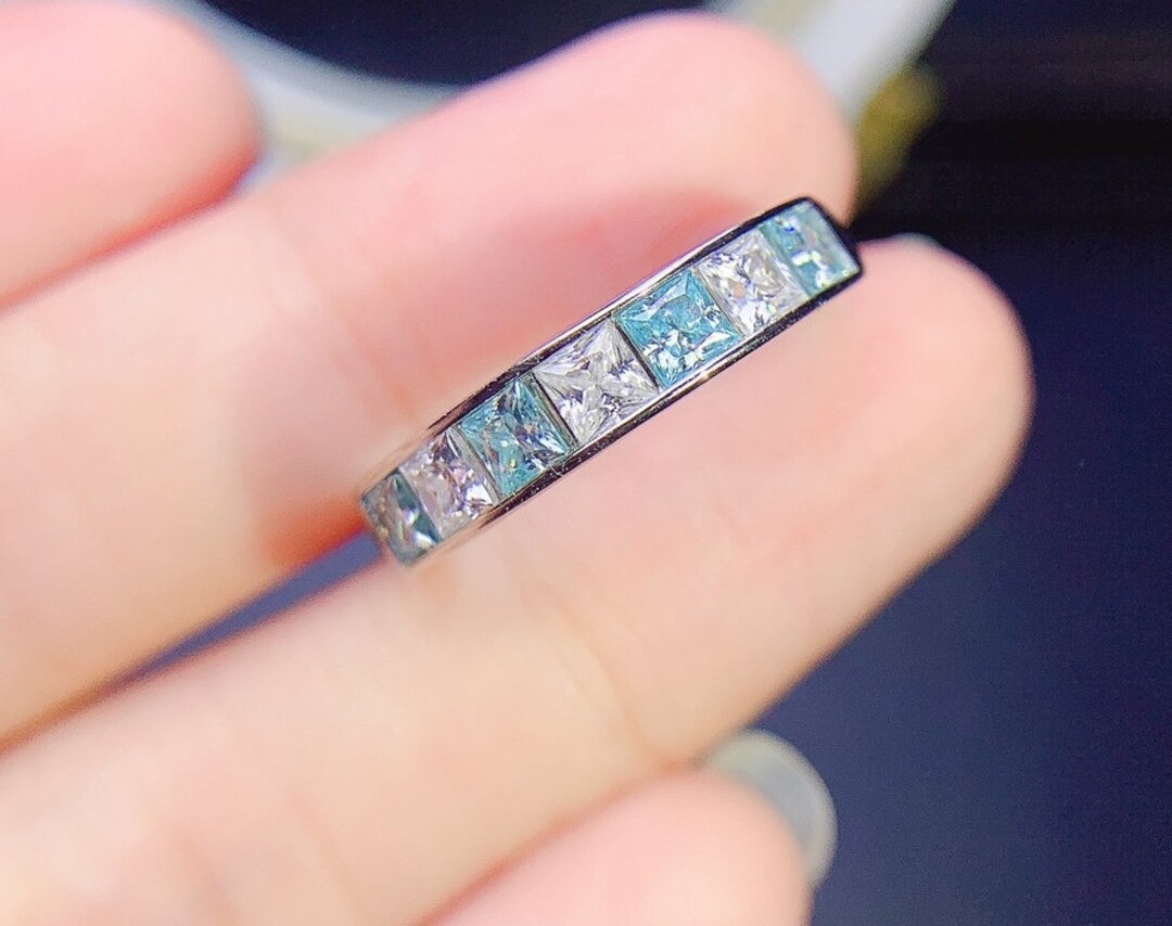 Light Blue Moissanite Ring, Blue Moissanite Half Eternity Band ...
