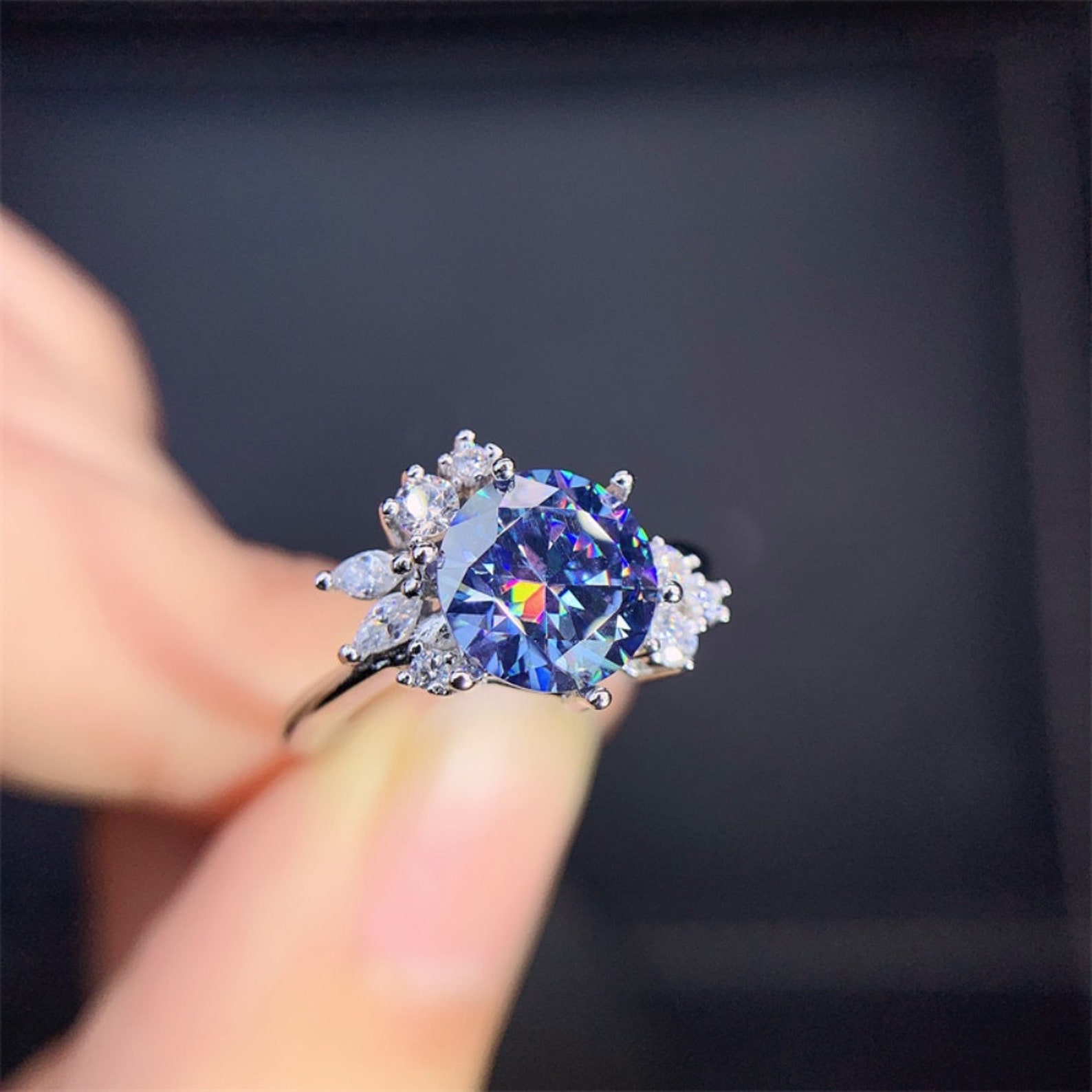 Blue Moissanite Ring 1 Ct Moissanite Ring Crackling - Etsy