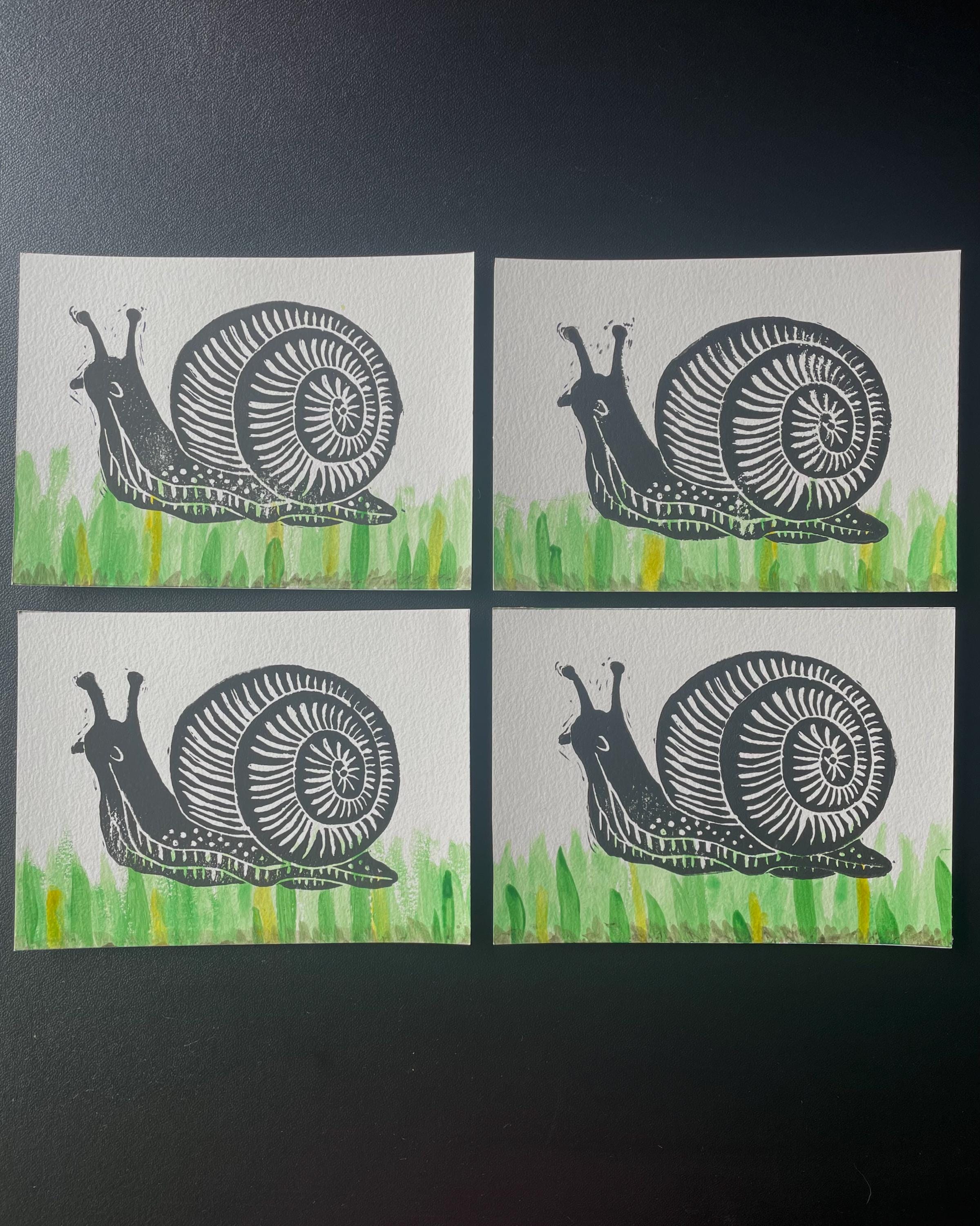 Snail Linocut Print on Watercolor - Etsy