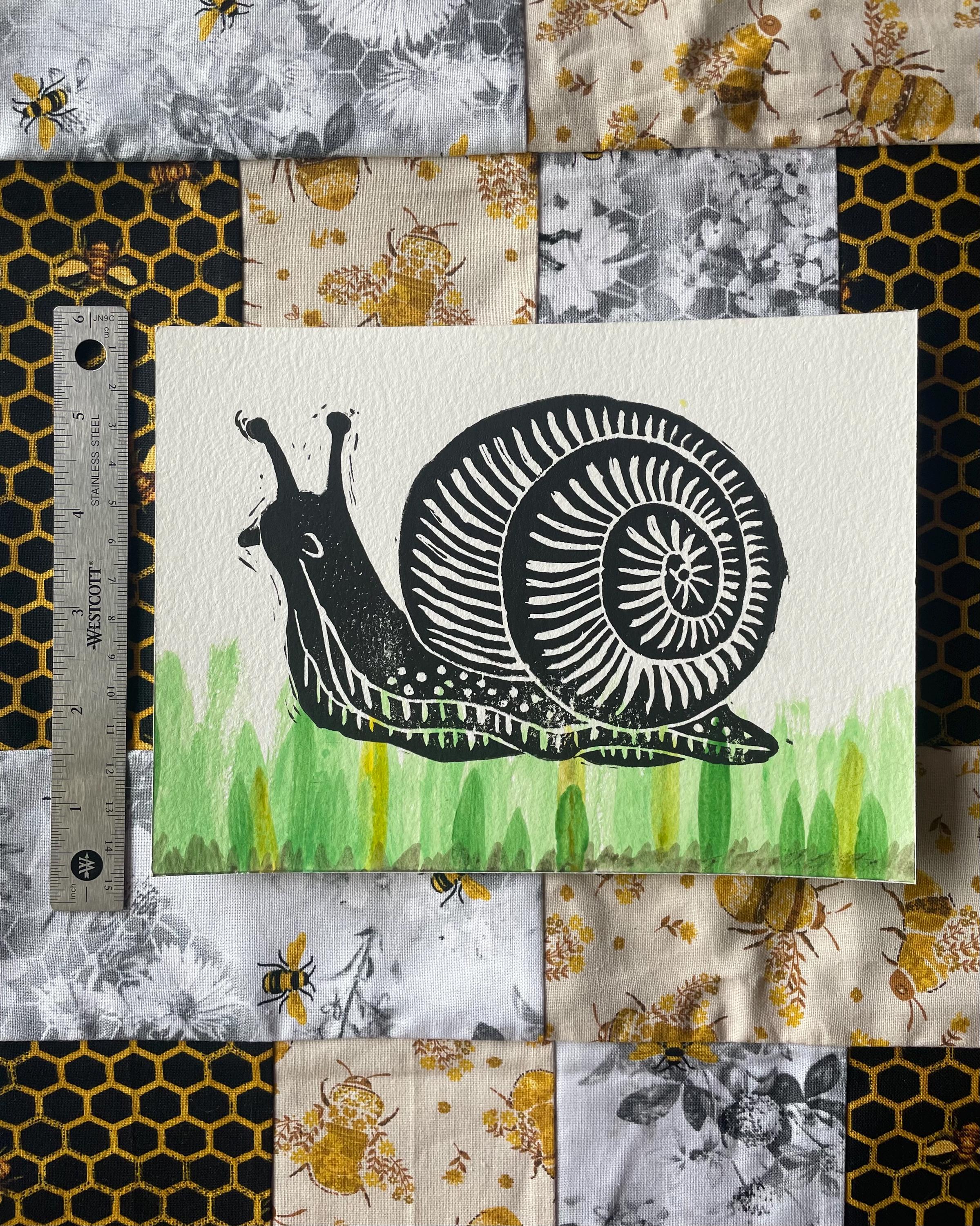 Snail Linocut Print on Watercolor - Etsy