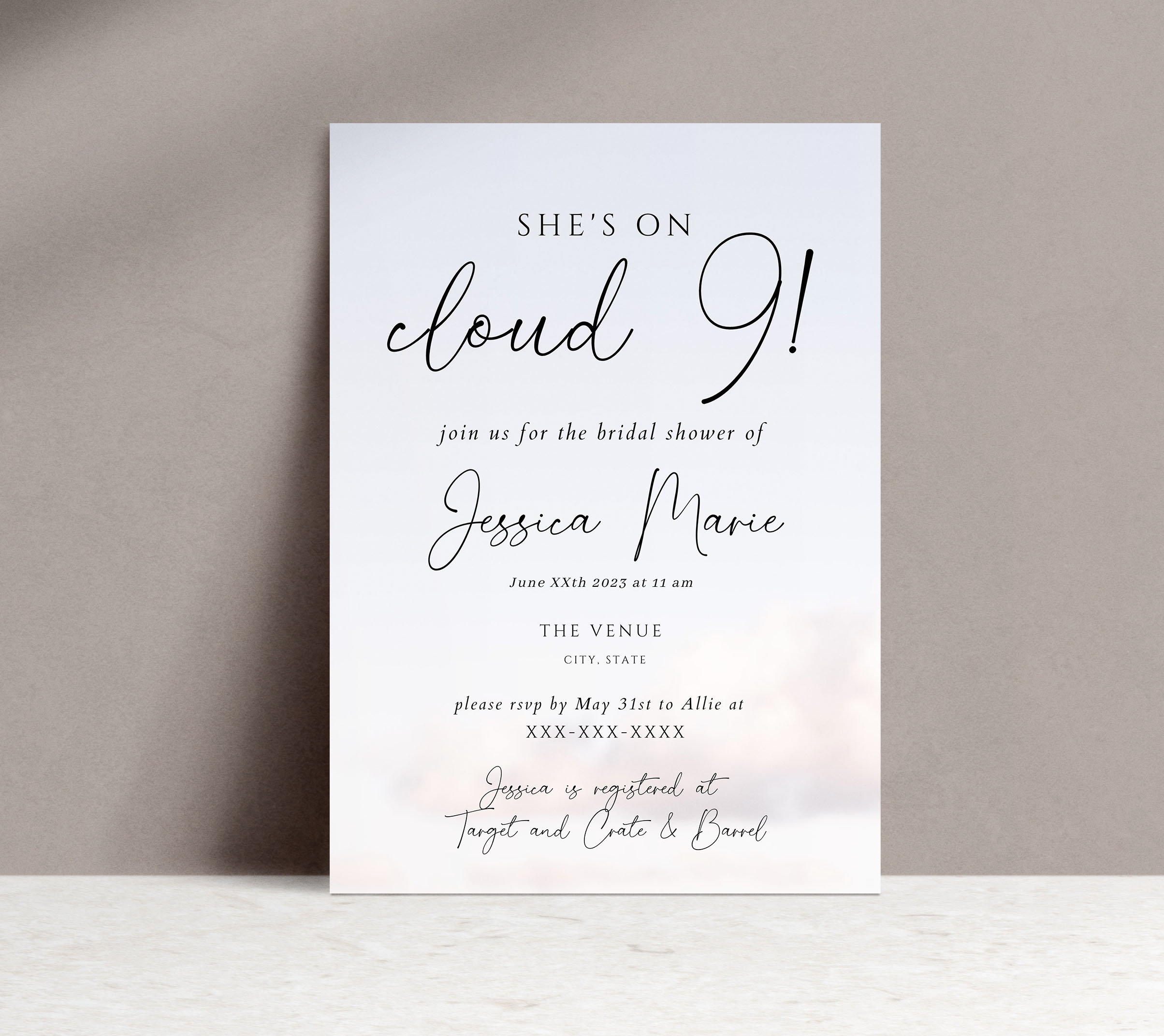 Bridal Shower Invitation Template | She's on Cloud 9 Bridal Shower ...
