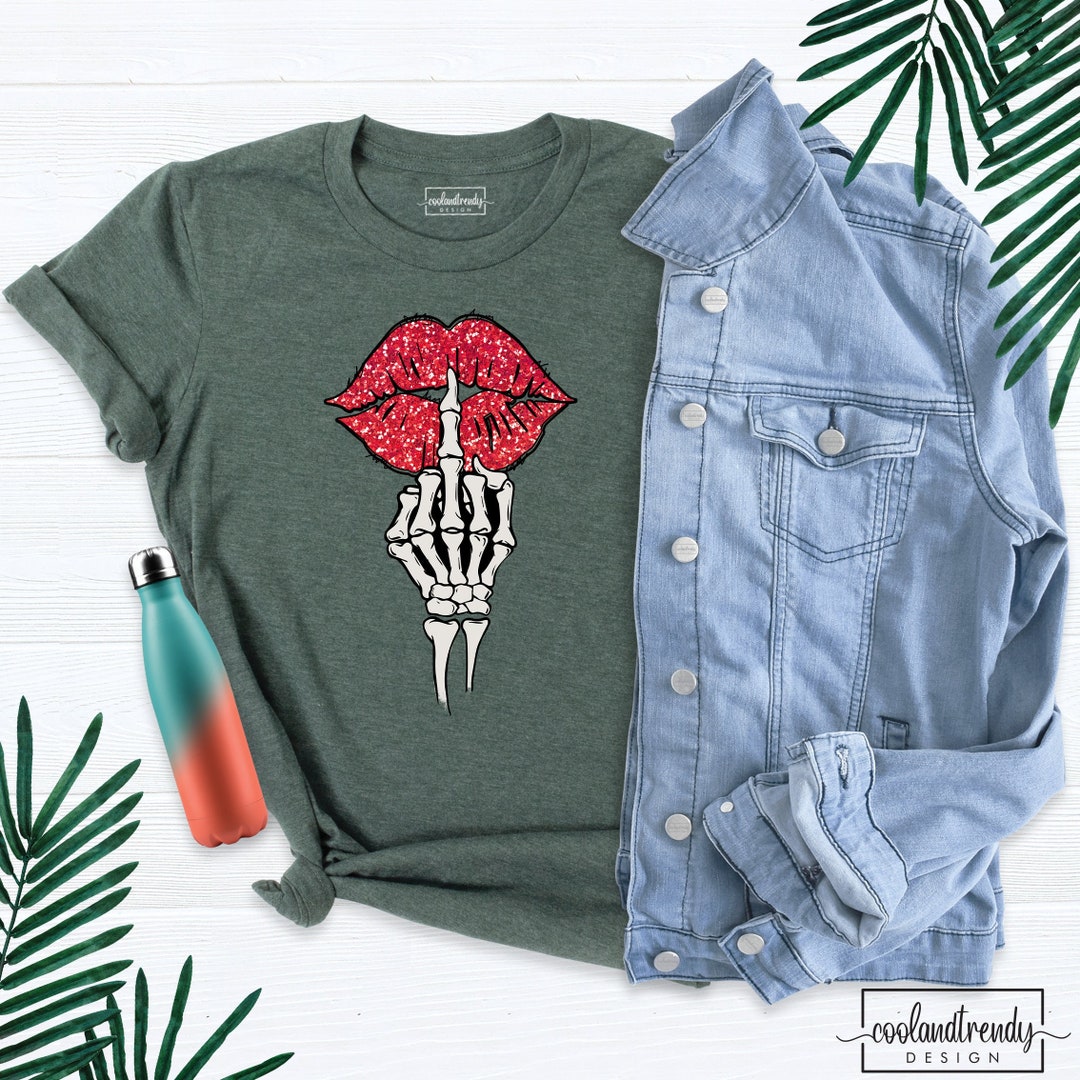 Lips Kiss Skeleton Shirt, Red Lips Kiss T-shirt, Middle Finger Lips Tee ...