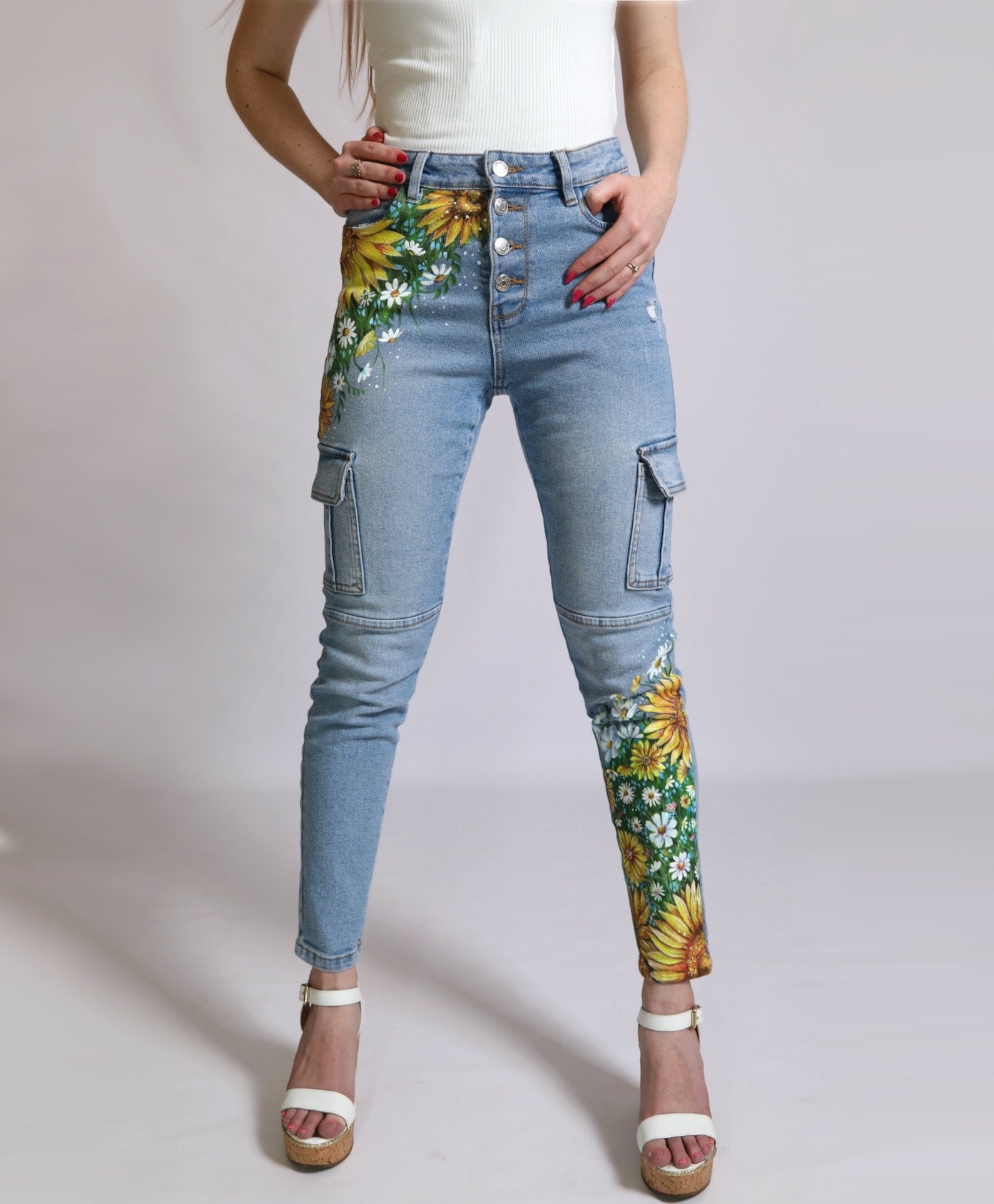 Woman Denim Handpainted Custom Pants With Sunflower/birthday Gift ...