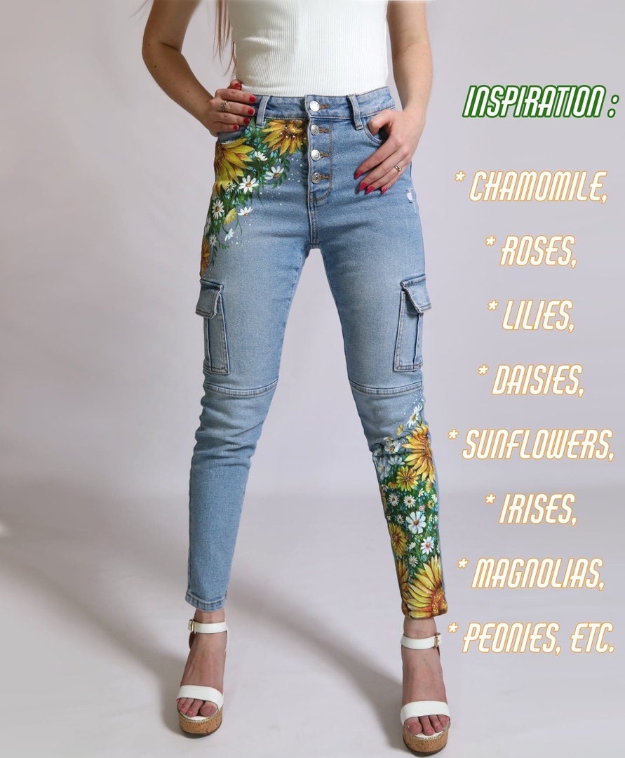 Woman Denim Handpainted Custom Pants With Sunflower/birthday Gift ...