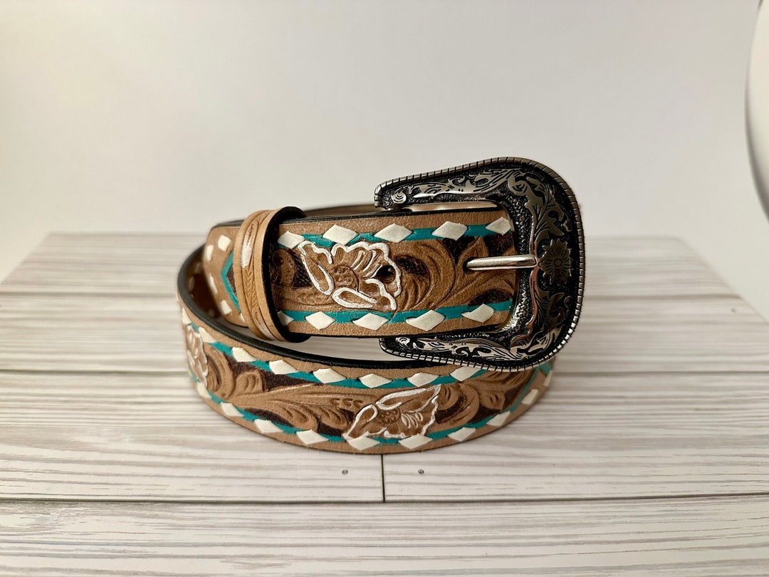 Teal Tooled Leather Belt With Buckstitch - Etsy