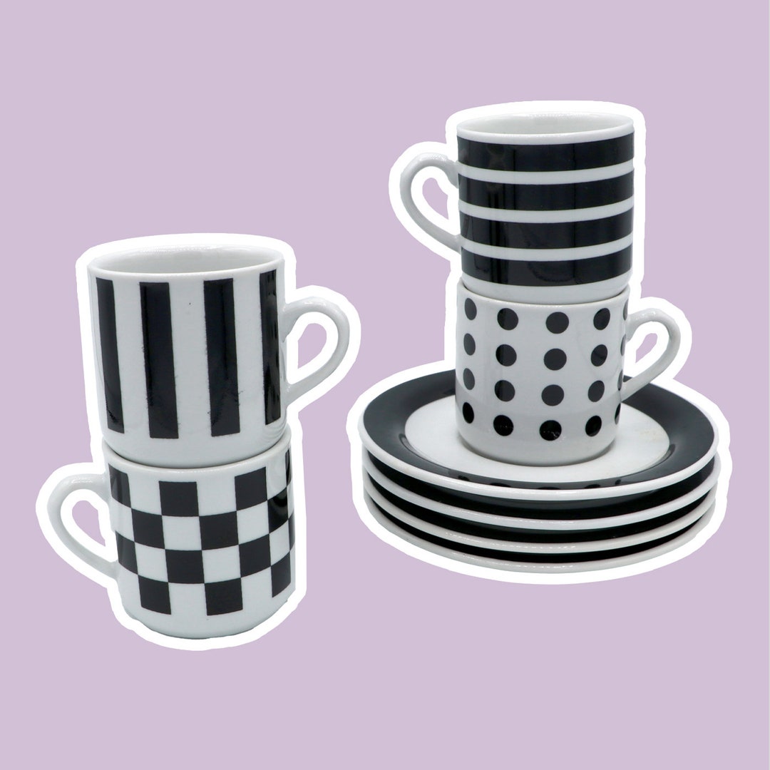 4x Vintage Set Eduscho Cafissimo Ceramic Espresso Cup 1980s Black White ...